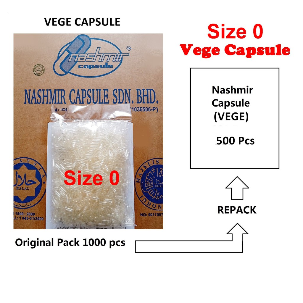 Nashmir Empty Vege Capsule Size 0 (REPACK 500pcs) / Kapsul kosong Vege ...