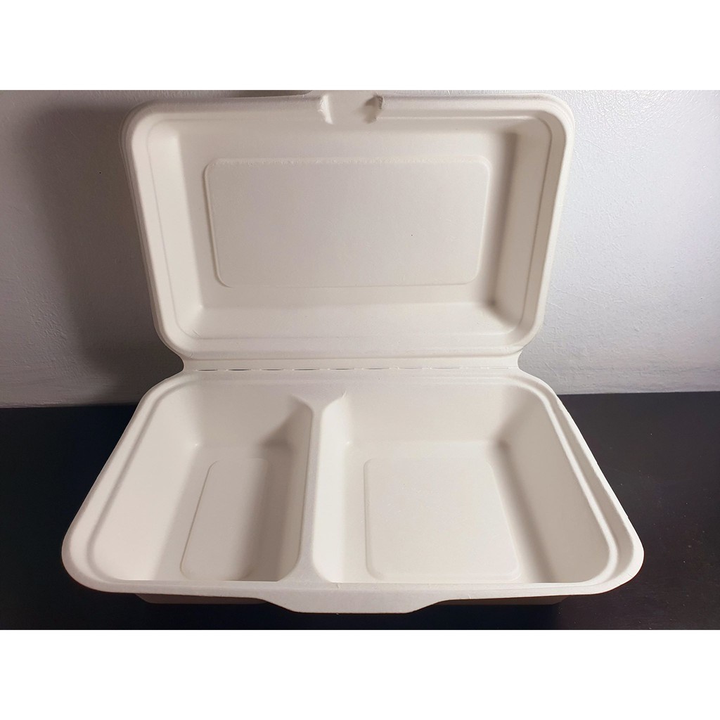 Compostable Sugar Cane 2 Compartments Clamshell 25pcs (White) | Shopee ...