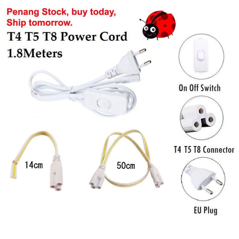 T4 T5 T8 LED Tube Light EU Plug 1.8m Wire Switch 3 Pin Connector Power ...