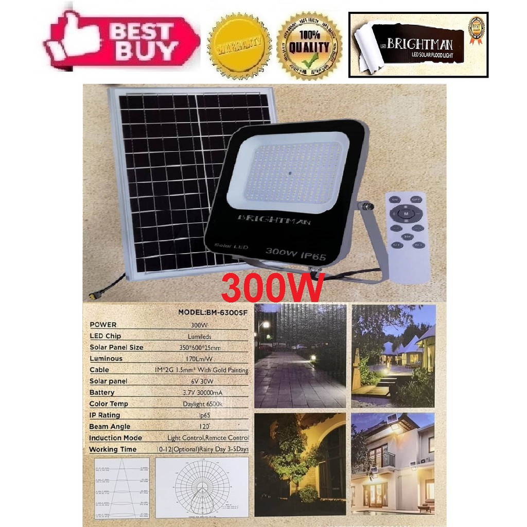 LED Solar Flood Light (300W) (6500k Daylight) (Grey) (Brightman) *Solar ...