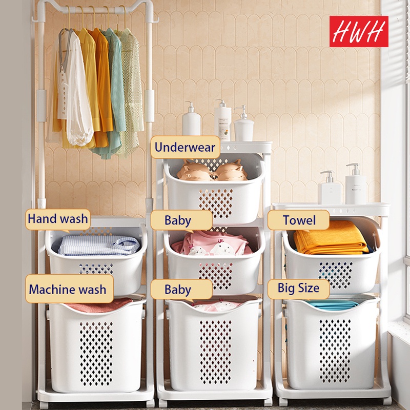 HWHOME Laundry Baskets 2/3 Tier Bathroom Clothes Storage Rack Clothes ...