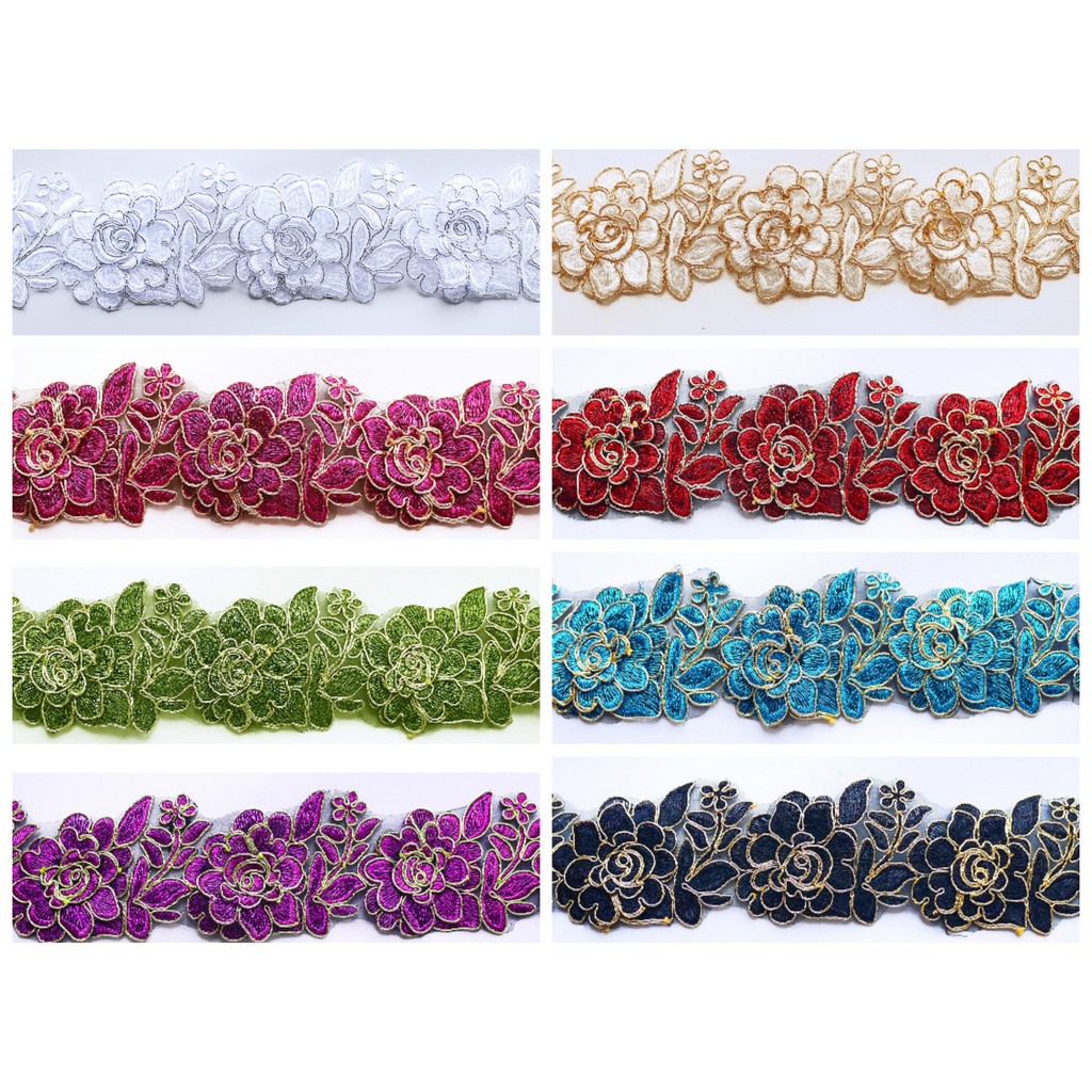 1 yard (1 ela) Border Lace 3D Flower with Silver Trim for embroidery ...