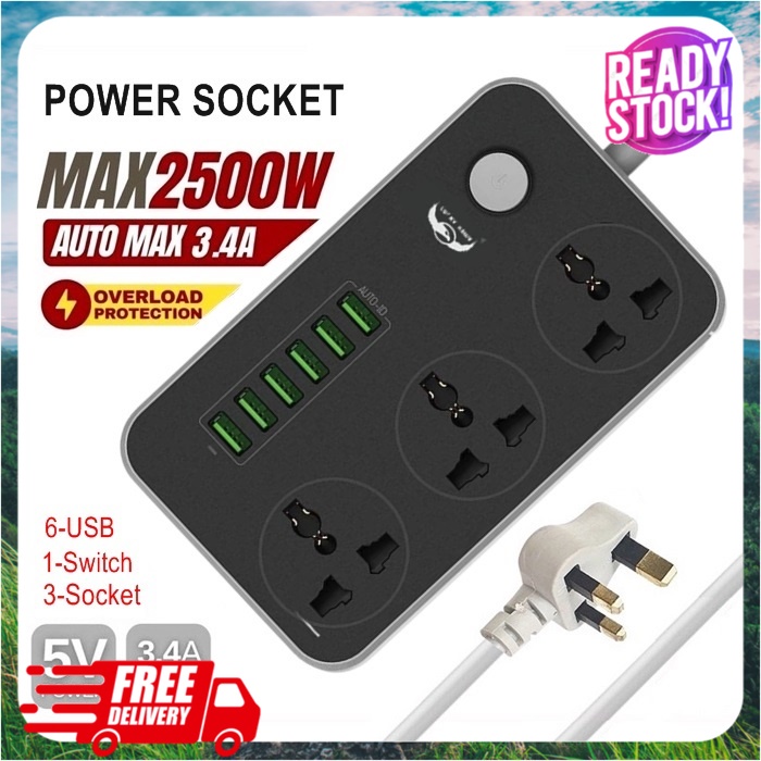 Universal Power Plug 6 USB Port Auto Max 3.4A With 3 Anti-Static Power ...
