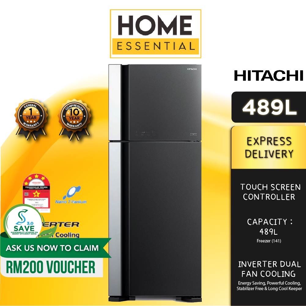 Hitachi 489L Refrigerator Big2 Glass Series 2 Door R-VG580P7M-1 GGR ...