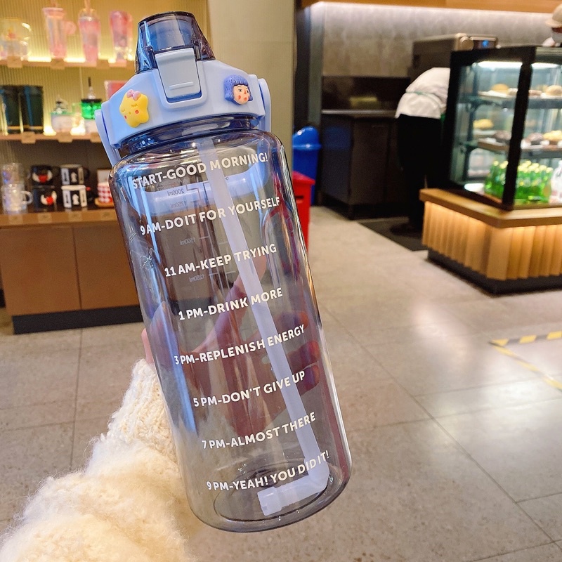 2L Large Capacity Water Bottle With Straw 2000ml Reminder Time Big Bottle Gym Sport BPA Free ...