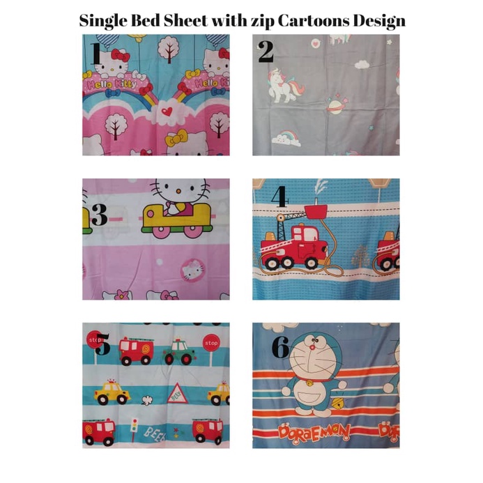 100 % Cotton Single Bedsheet Cover Zipped Cartoon Design Sarung Tilam ...