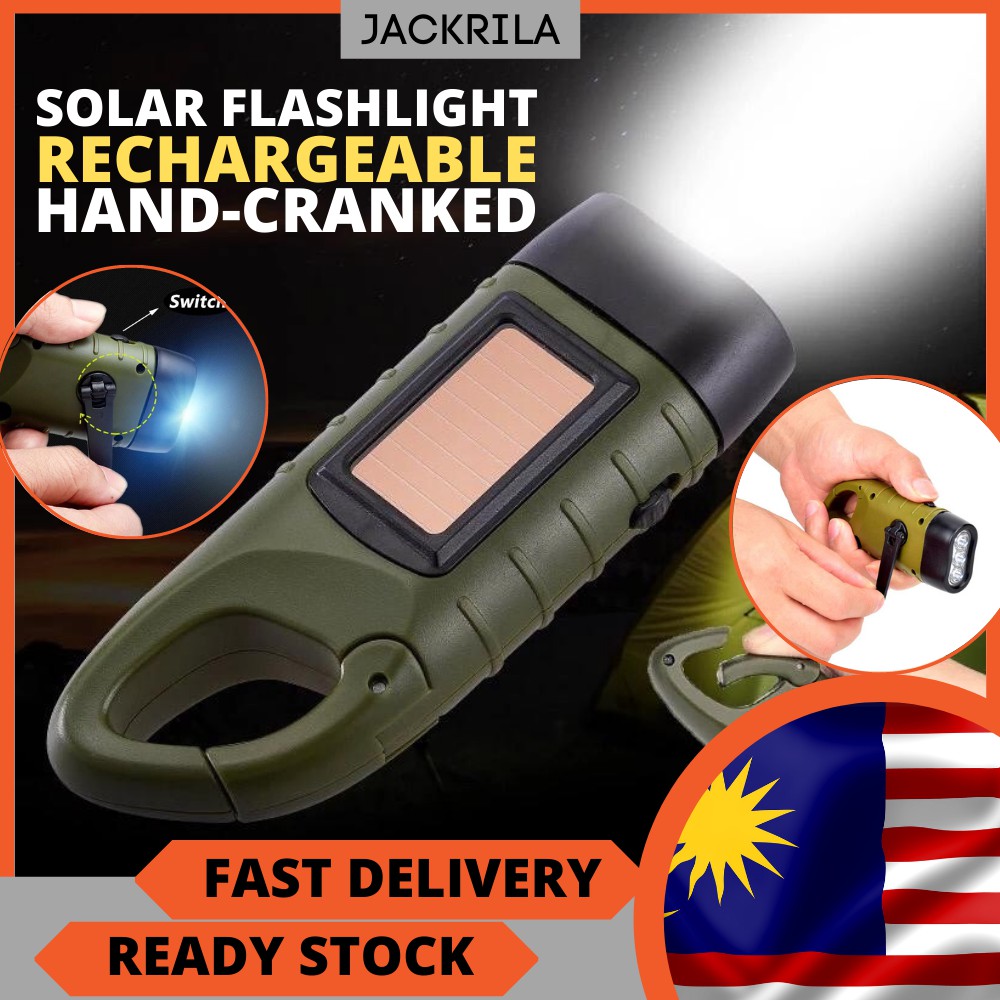 🔥 READY STOCK 🔥 Solar Flashlight Dynamo Emergency LED Light Hand Crank ...