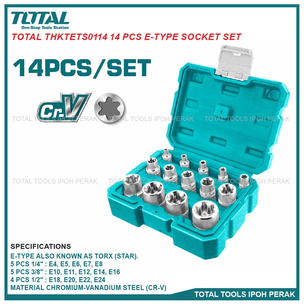TOTAL 14 Pcs Star Socket Set, Torx Size: E4 - E24 suitable for 1/4", 3/ ...