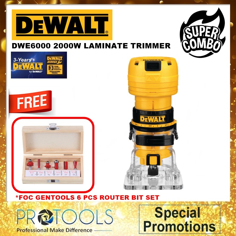 Dewalt DWE6000-XD 2000W LAMINATE TRIMMER foc 6pcs router bit | Shopee ...