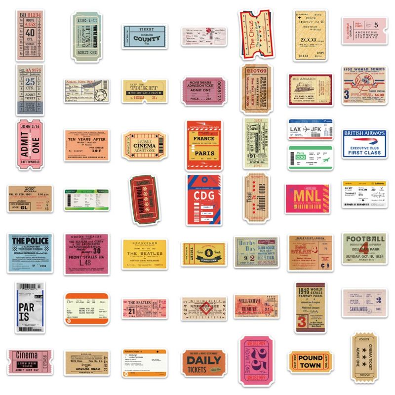 Colourful vintage old Ticket Pass stickers for laptop phone luggage ...