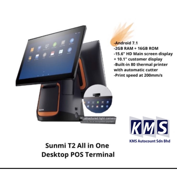 Sunmi T2 All in One Desktop POS Terminal (Android 7.1/ 2GB+16GB/ Dual Screen/Thermal Receipt ...