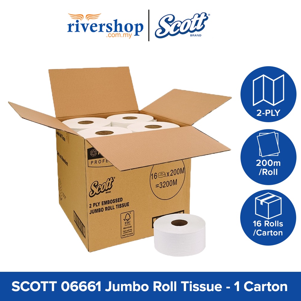 SCOTT 06661 Jumbo Roll Tissue Embossed 2ply 16 Rolls x 200 meters (FSC ...
