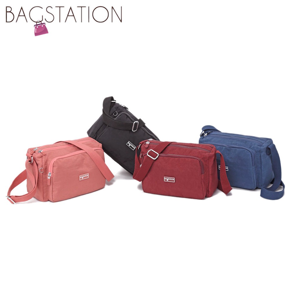 BAGSTATIONZ Crinkled Nylon Multi-Compartment Sling Bag (Black/Maroon ...