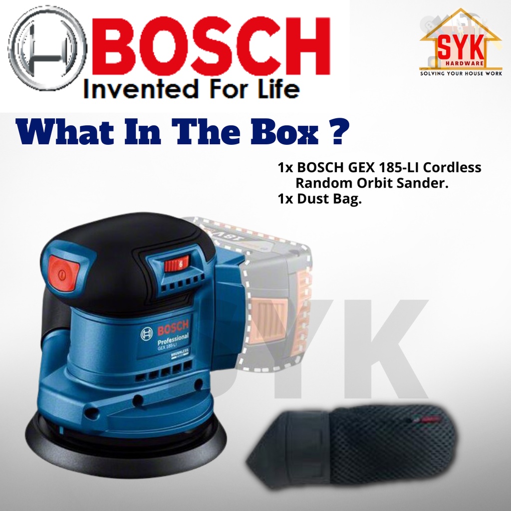 SYK BOSCH GEX185-LI GEX 185-LI Cordless Random Orbit Sander Machine Mesin Sander Mesin Gosok ...