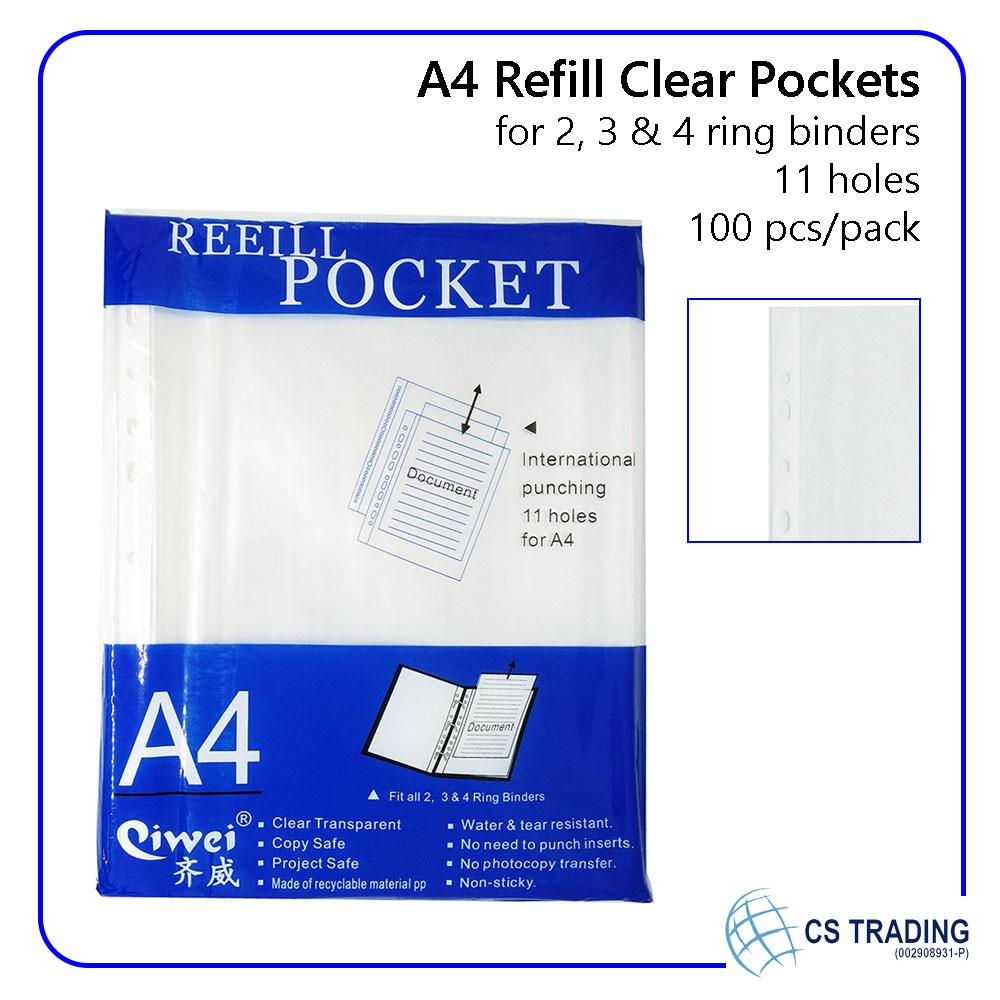 100 pcs A4 Clear Holder Refill / Pocket – Compatible with 2, 3 & 4 Ring ...