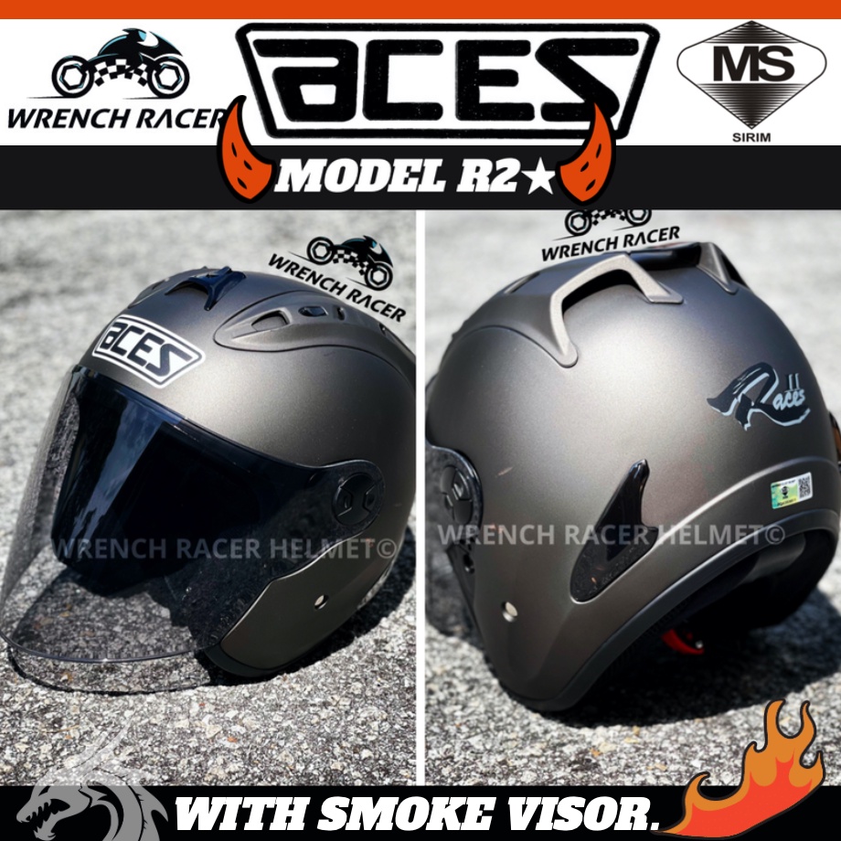 Helmet ACES R2 Matte Grey Helmet with Smoke Visor (SIRIM Certified ...