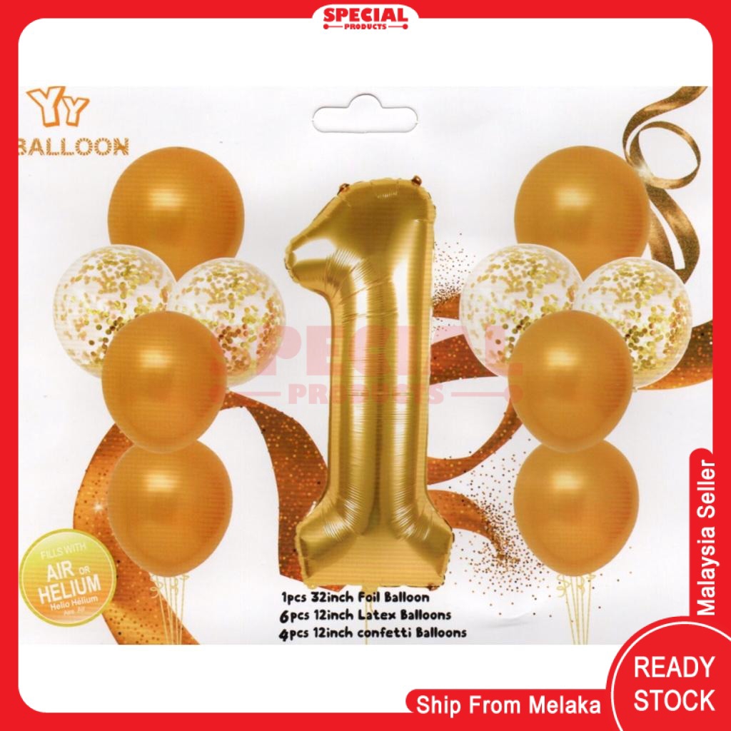 Gold Numbering Set With Confetti Balloon For Birthday Decoration Party ...