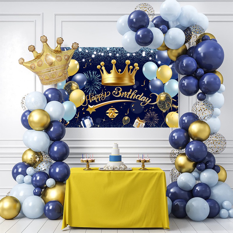 Navy Blue Gold Balloons Garland Arch Kit with Crown Foil & Gold Confetti Backdrop Happy Birthday ...