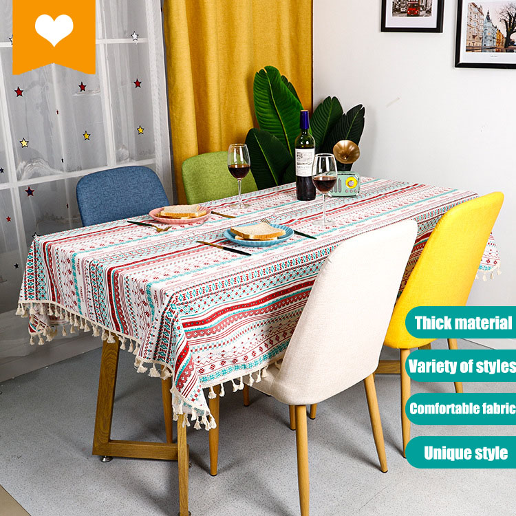 Retro Ethnic Style Floral Print Stripes Tablecloth Bohemian Tassel ...