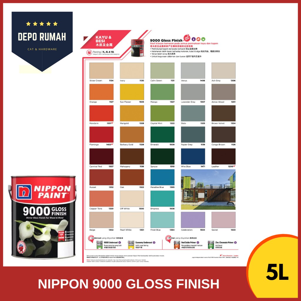 5Litre Nippon Paint 9000 High Gloss Finish Warna 5L-cat minyak kayu dan besi | Shopee Malaysia