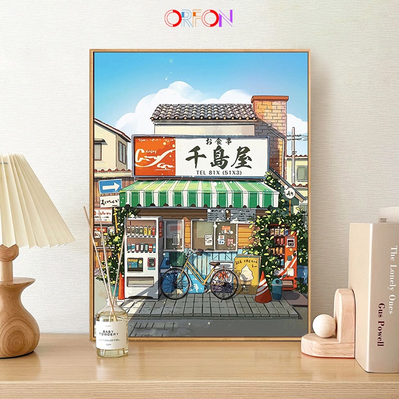 [ORFON] Paint by numbers 40*50 cm DIY frame hand-painted to heal Japanese-style architecture ...