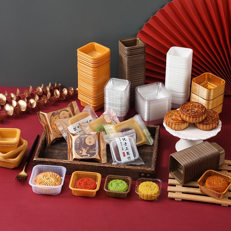 ± 100pcs Mooncake Tray Plastic 50g/80g/100g Transparent Gold 月饼盒内托 ...