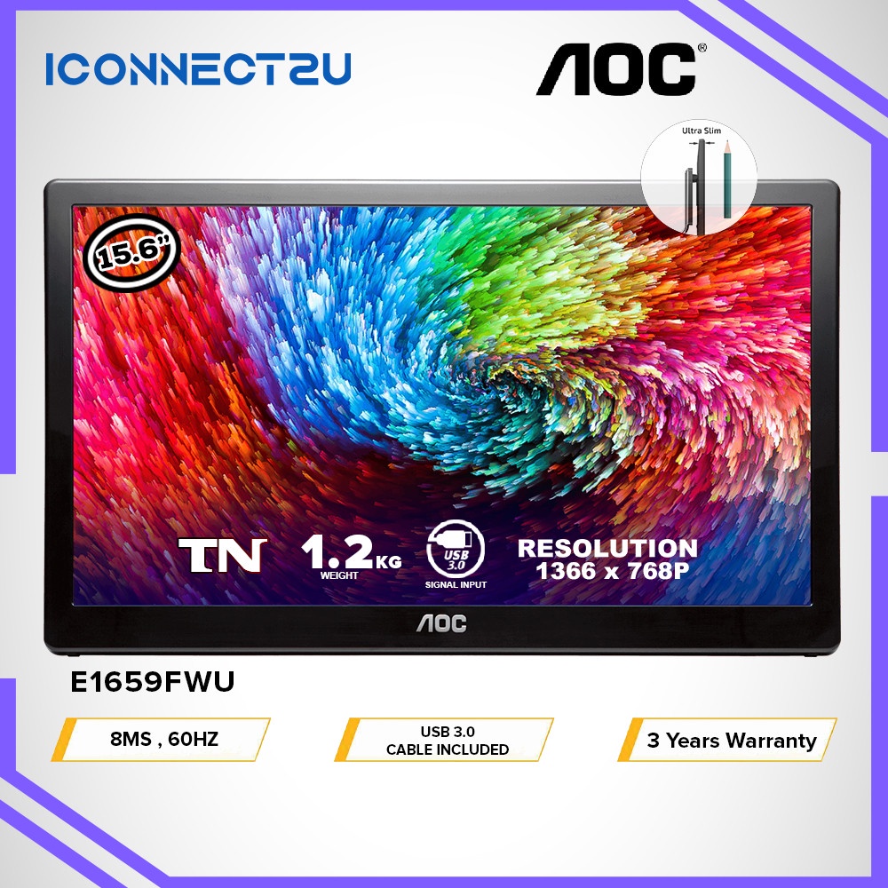 AOC 15.6" E1659FWU Ultra Slim Portable LED Monitor | Shopee Malaysia