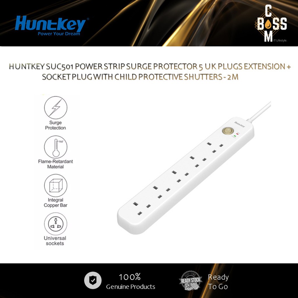 *ORI* HUNTKEY SUC501 POWER STRIP SURGE PROTECTOR 5 UK PLUGS EXTENSION ...