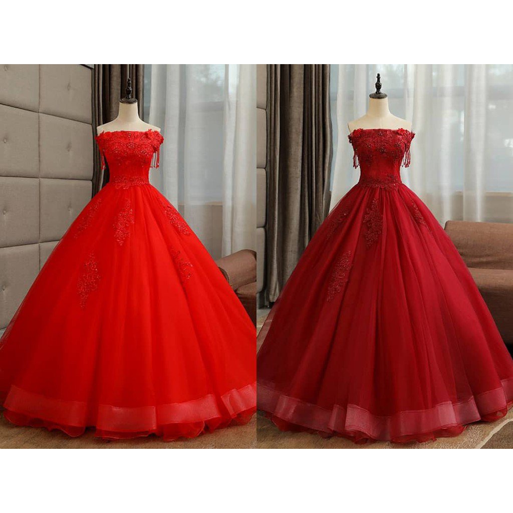 【Malay Spot】S~3XL Red Wine Off Shoulder Floral Wedding Party Prom ...