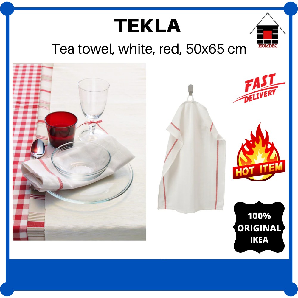 IKEA TEKLA Tea towel, white, red, 50x65 cm I Pengesat pinggan mangkuk ...