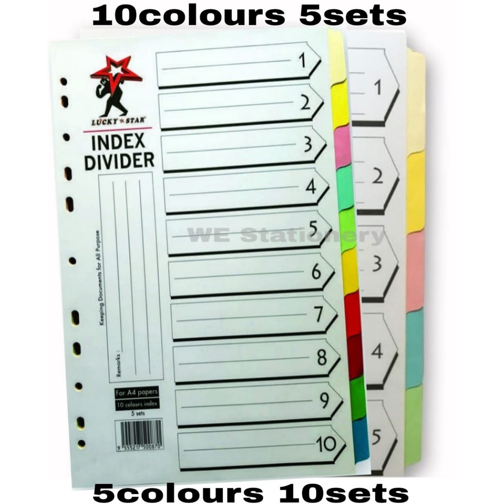 LUCKY STAR INDEX DIVIDER A4 10 COLOURS INDEX 5 SET OR 5 COLOURS INDEX ...