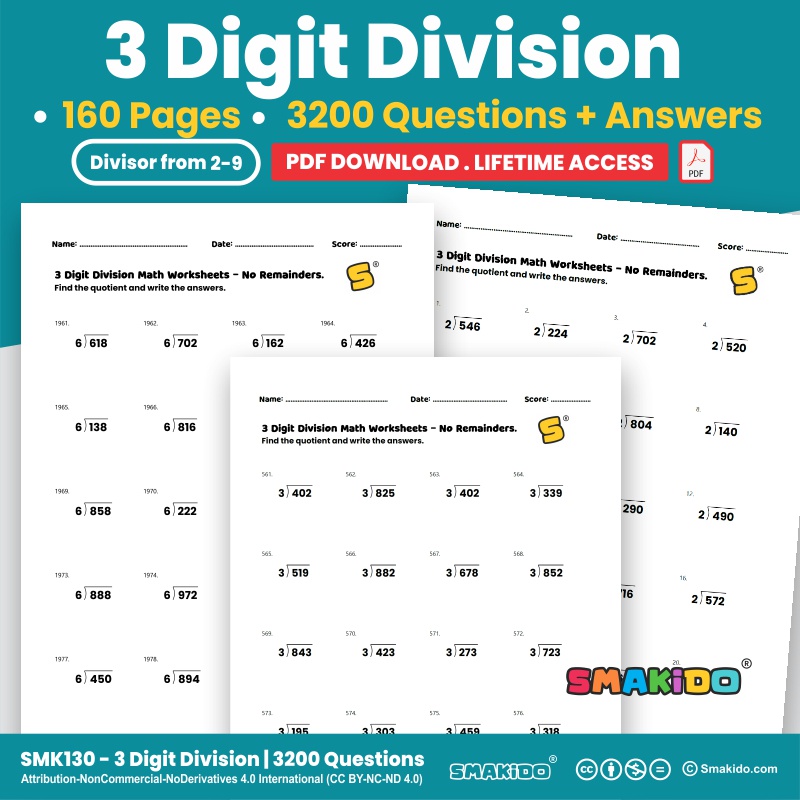 [ Soft Copy/ PDF ] 3 Digit Division Math Worksheets ️3200 Questions ...