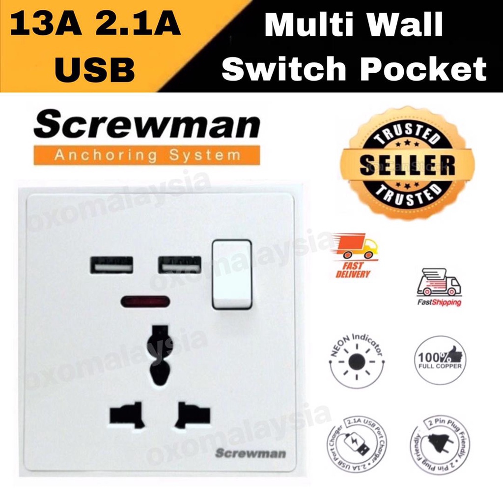 Screwman 13A Multi Wall Switch Socket with Double 2.1A USB Port ...