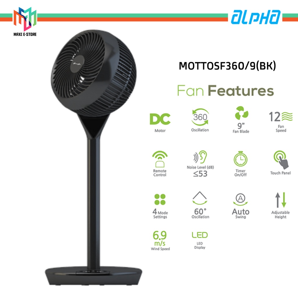 Alpha Motto SF 360/9-DC 9 Inch DC Motor Stand Fan 360 - MOTTOSF360/9BK ...