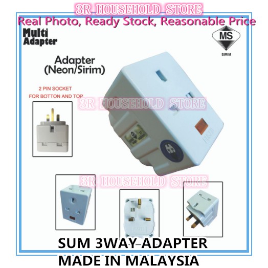 [ SIRIM APPROVED ] 3 Way 3 Pin Travel Adapter With Neon Light SUM 3Pin ...
