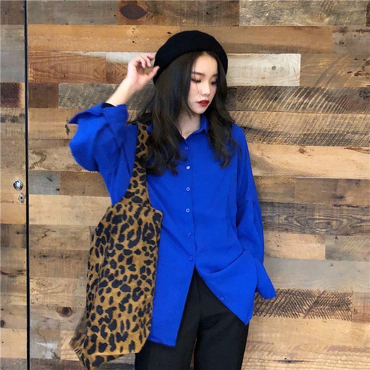 Plus size Klein Blue Korean Style dark blue loose long sleeved shirt ...