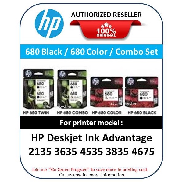 HP INK 680 Black/Color/COMBO(1 Black and 1 Color) 680Ink Printer 2135 ...