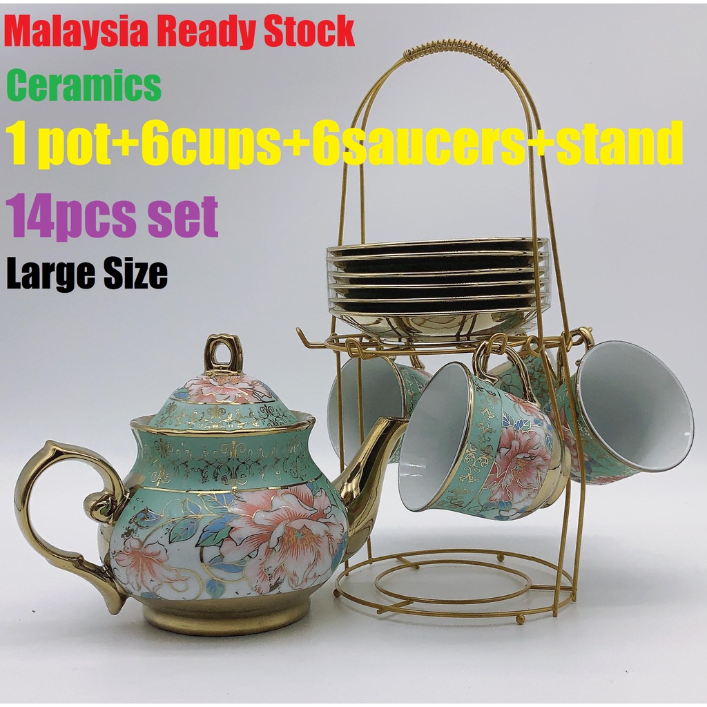 1166【Malaysia Ready Stock】14pcs Ceramics Tea/Coffee 1Pot+6cups+6saucers ...