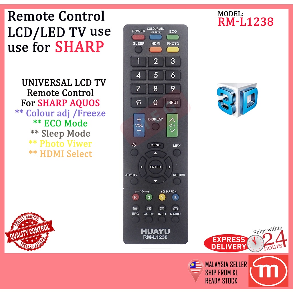 SHARP LCD/LED TV 3D REPLACEMENT REMOTE CONTROL HUAYU (RM-L1238) | Shopee Malaysia