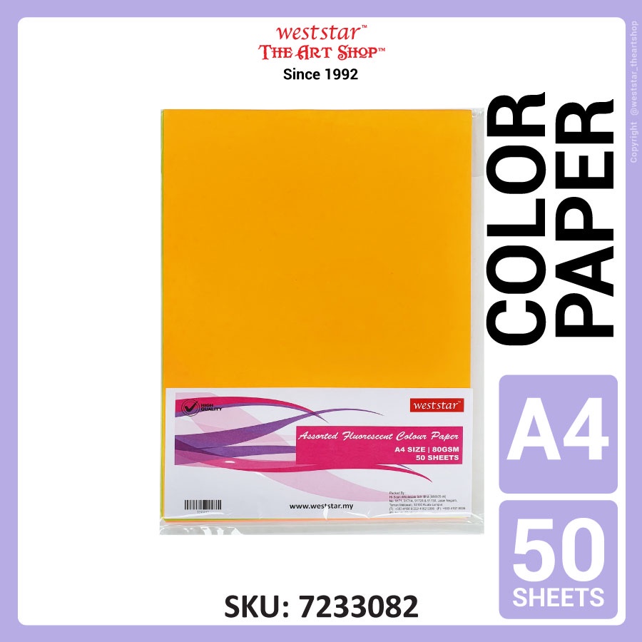 [Weststar TAS] A4 Color Paper, Assorted Fluorescent (80gsm x 50sheets ...