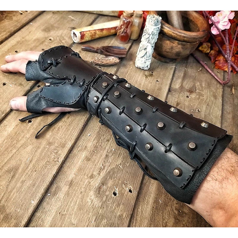 Medieval Steampunk Samurai Leather Bracer Long Gloves Gauntlet Viking ...