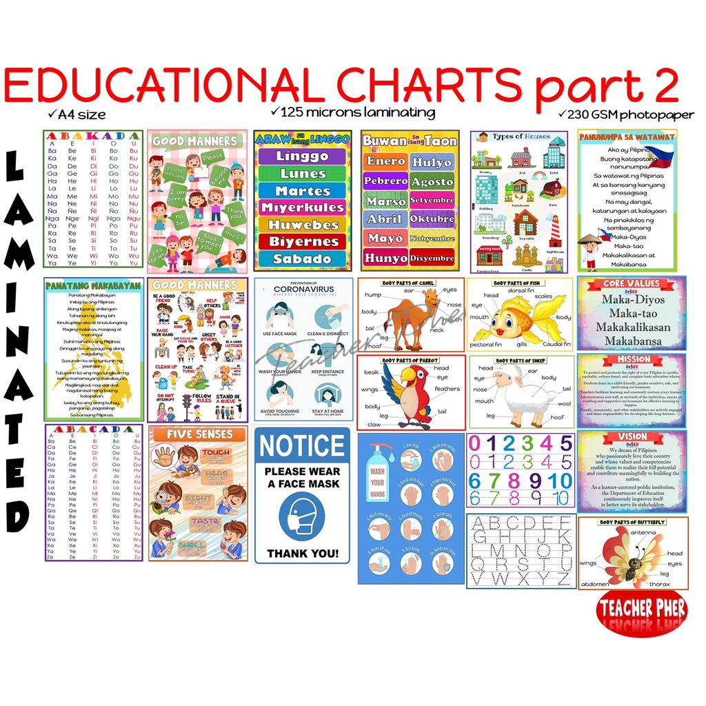 A4 LAMINATED EDUCATIONAL WALL CHARTS PART 2 for kids teacher Pher ...