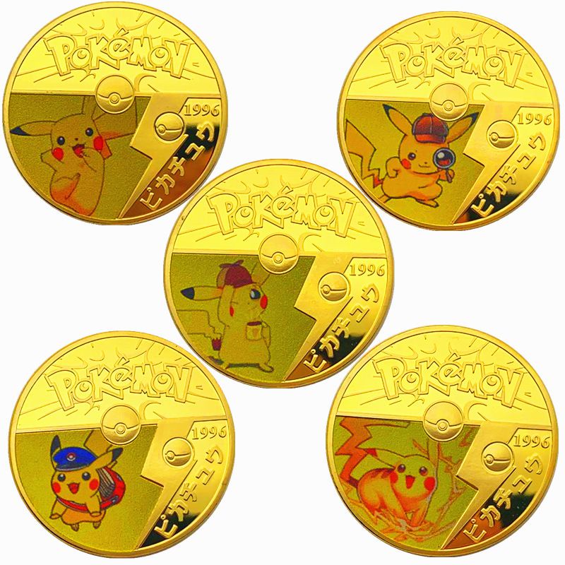 5 Pcs/Set Pokemon Coins Cards Pikachu Gold Plated Coin Game Collection ...