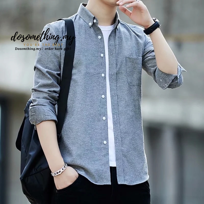 Korean Long Sleeve Shirt Men Casual Gray White Work Office Kemeja ...