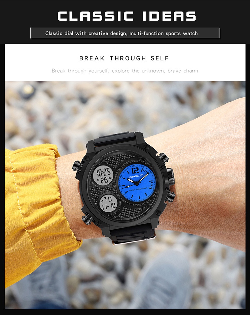 SANDA LED Sport Digital Watches 50m Waterproof Electronic Wristwatch Three Time Display Quartz ...