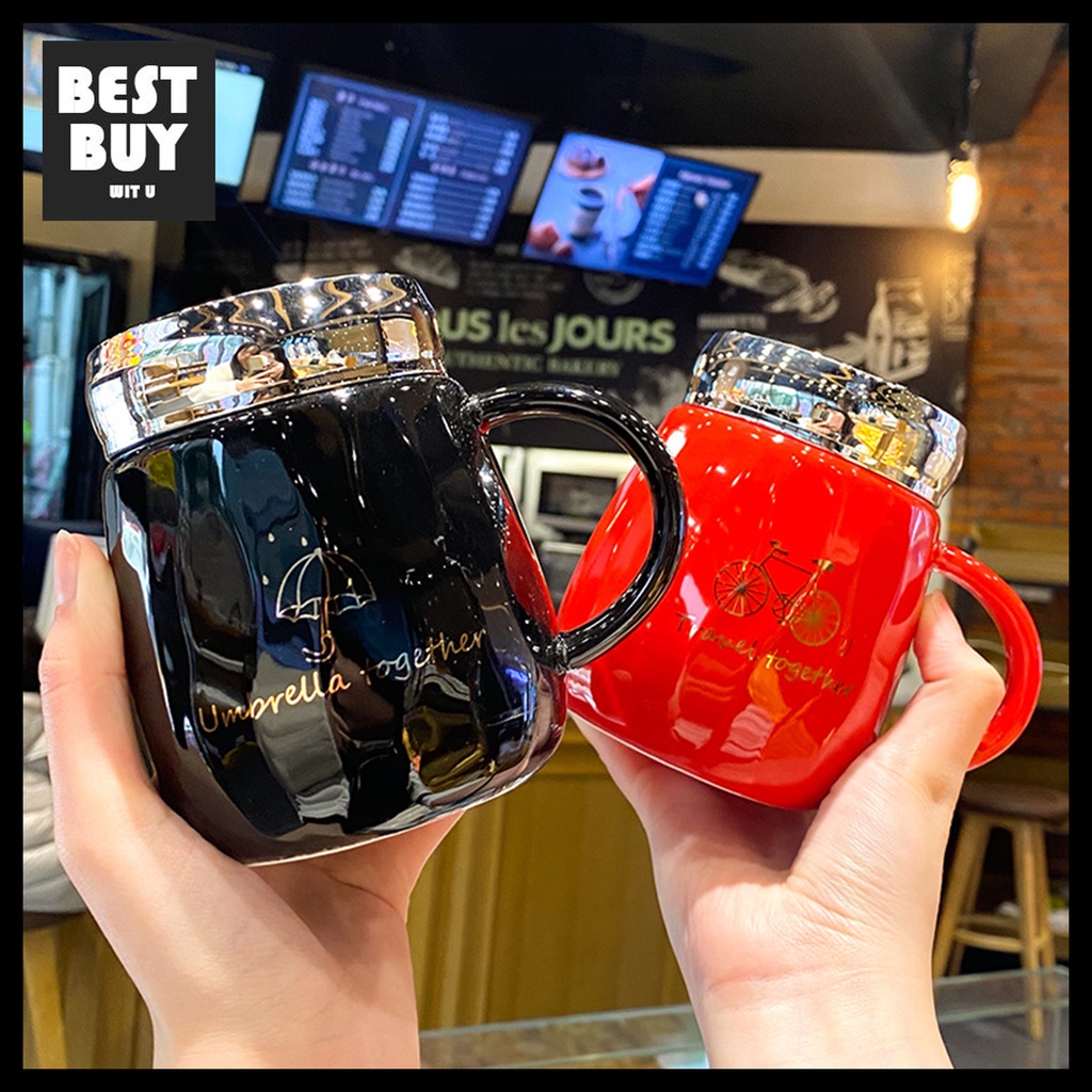 (430ml Ceramic Mug)Nordic Style Home& Love Simple gilt ceramic mug with lid, coffee cup gift ...