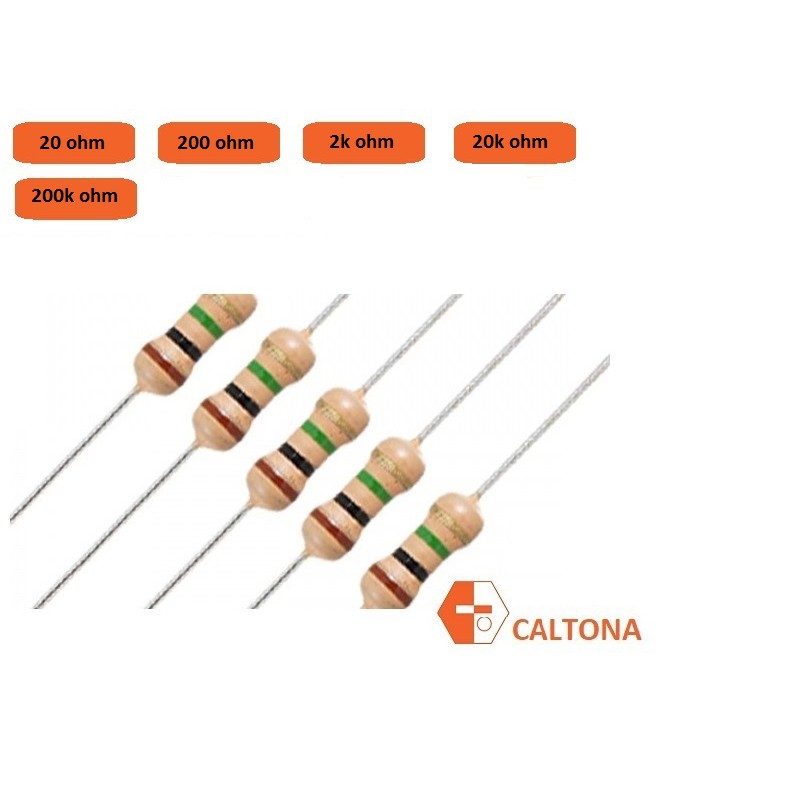 10pcs/pk Resistor 1/4W 20ohm, 200ohm, 2k ohm, 20k ohm, 200k ohm 5% ...