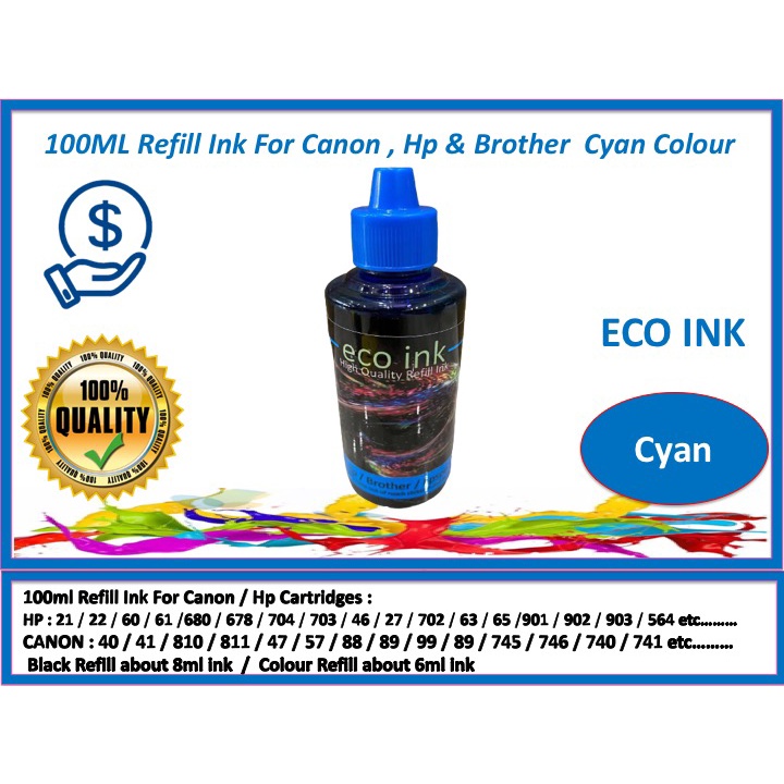 ECO INK 100ml Universal Refill Ink For Canon Cartridges Inkjet Printer ...