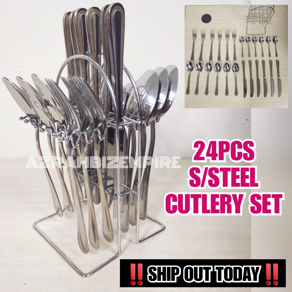 NEW! 24PCS STAINLESS STEEL CUTLERY SET WITH RACK / SUDU GARFU PISAU ...