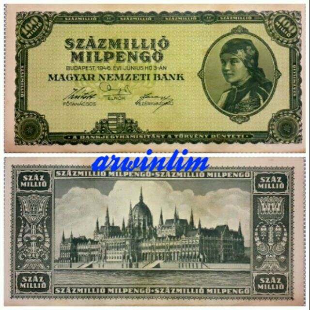 1945 HUNGARY 100 Pengo HYPERINFLATION BEAUTIFUL Banknote ORIFINAL COLOR ...
